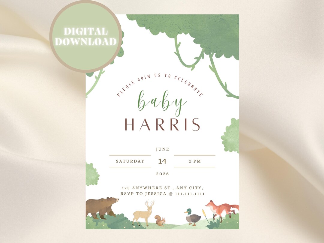 Baby Shower Invitation Woodland Animals Forest Themed Wildlife Nature ...