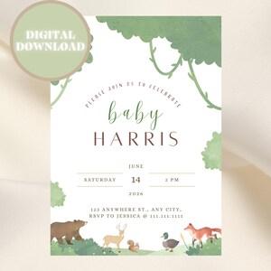 Baby Shower Invitation Woodland Animals Forest Themed Wildlife Nature ...