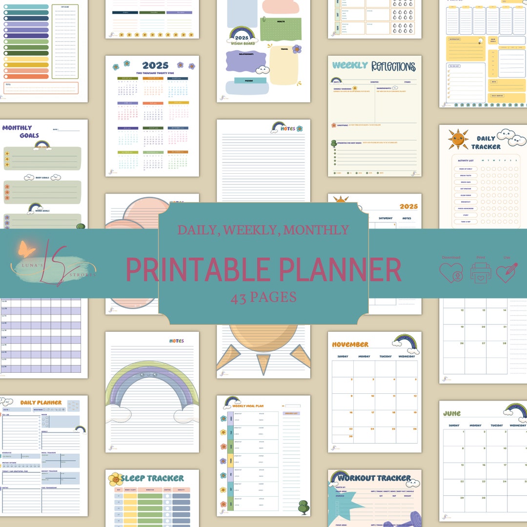 2025 Printable Planner, Kawaii Rainbow Planner, Month, Week, Daily ...