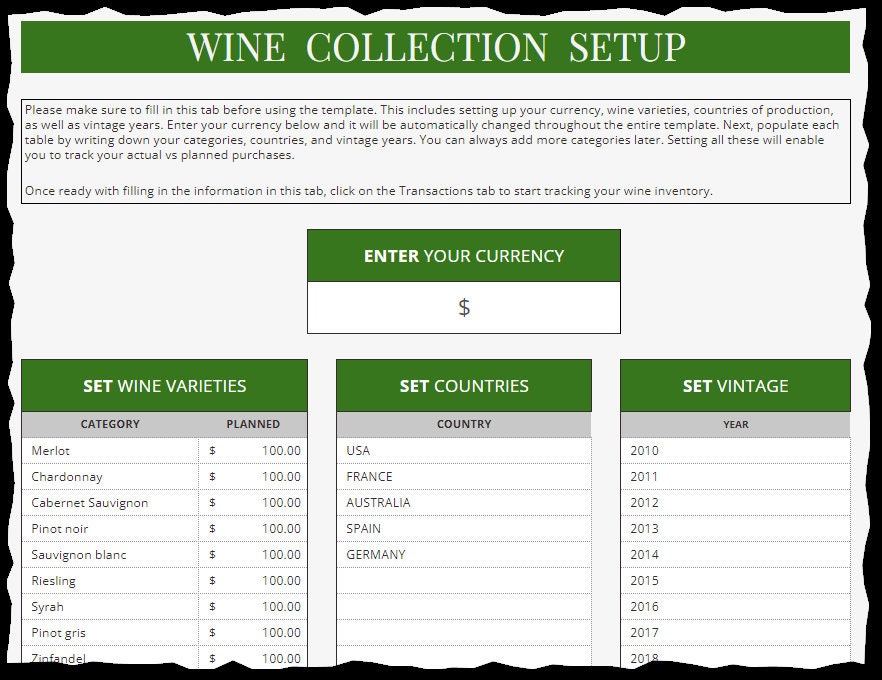 Wine Collection Inventory Template | Wine Variety, Country and Vintage ...