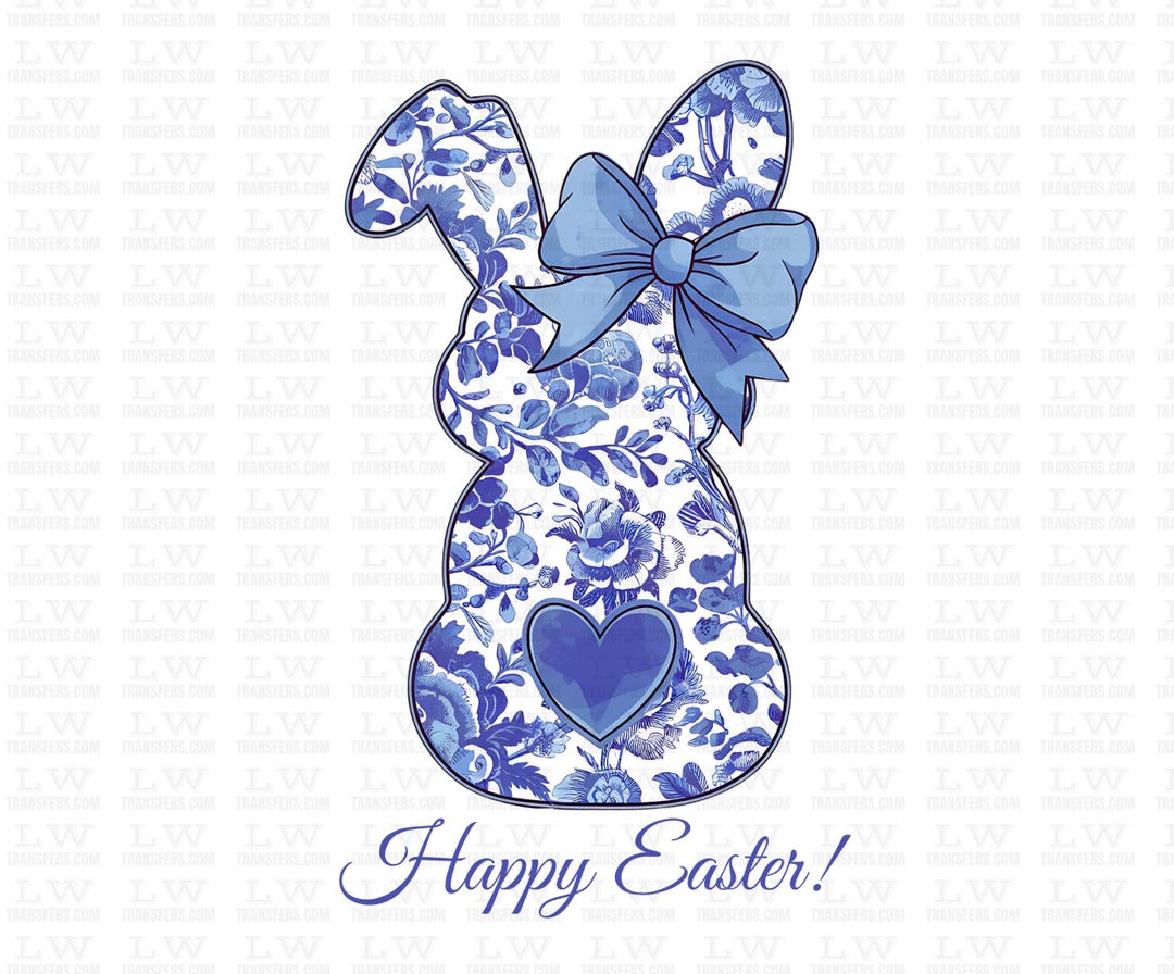 Happy Easter, DTF Transfer, Blue Floral Chinoiserie Bunny, Christian ...