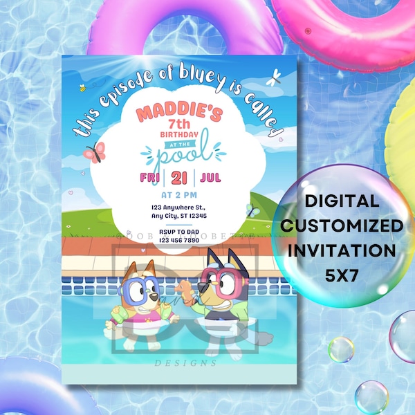 Bluey Pool Party Birthday Invitations - Etsy