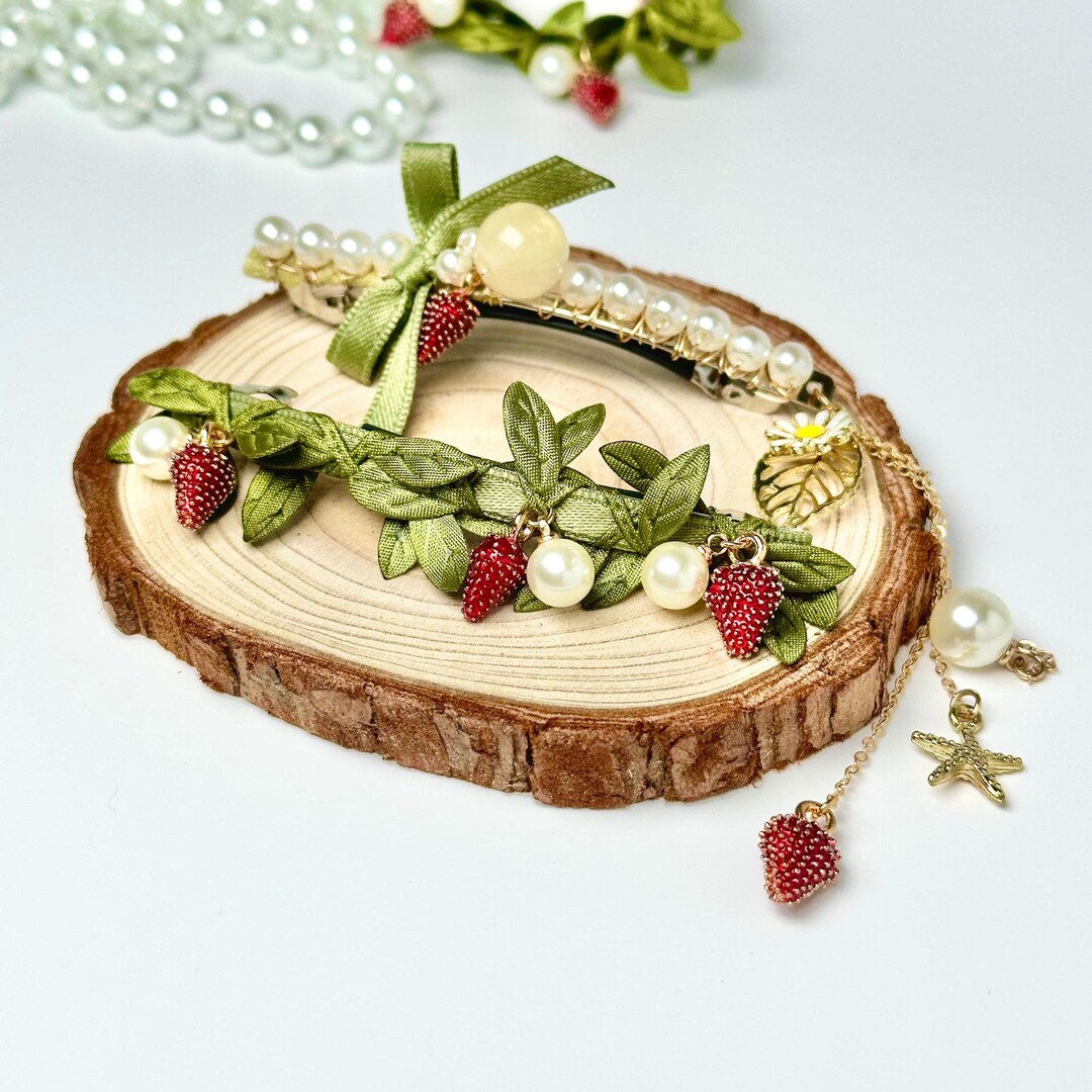 Strawberry Hair Clip Barrette With Green Leaves - Cute Handmade ...