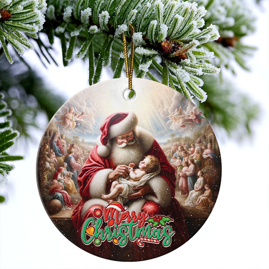 Santa Claus and Baby Jesus Circle Ceramic Ornament, Holiday Gift Idea ...