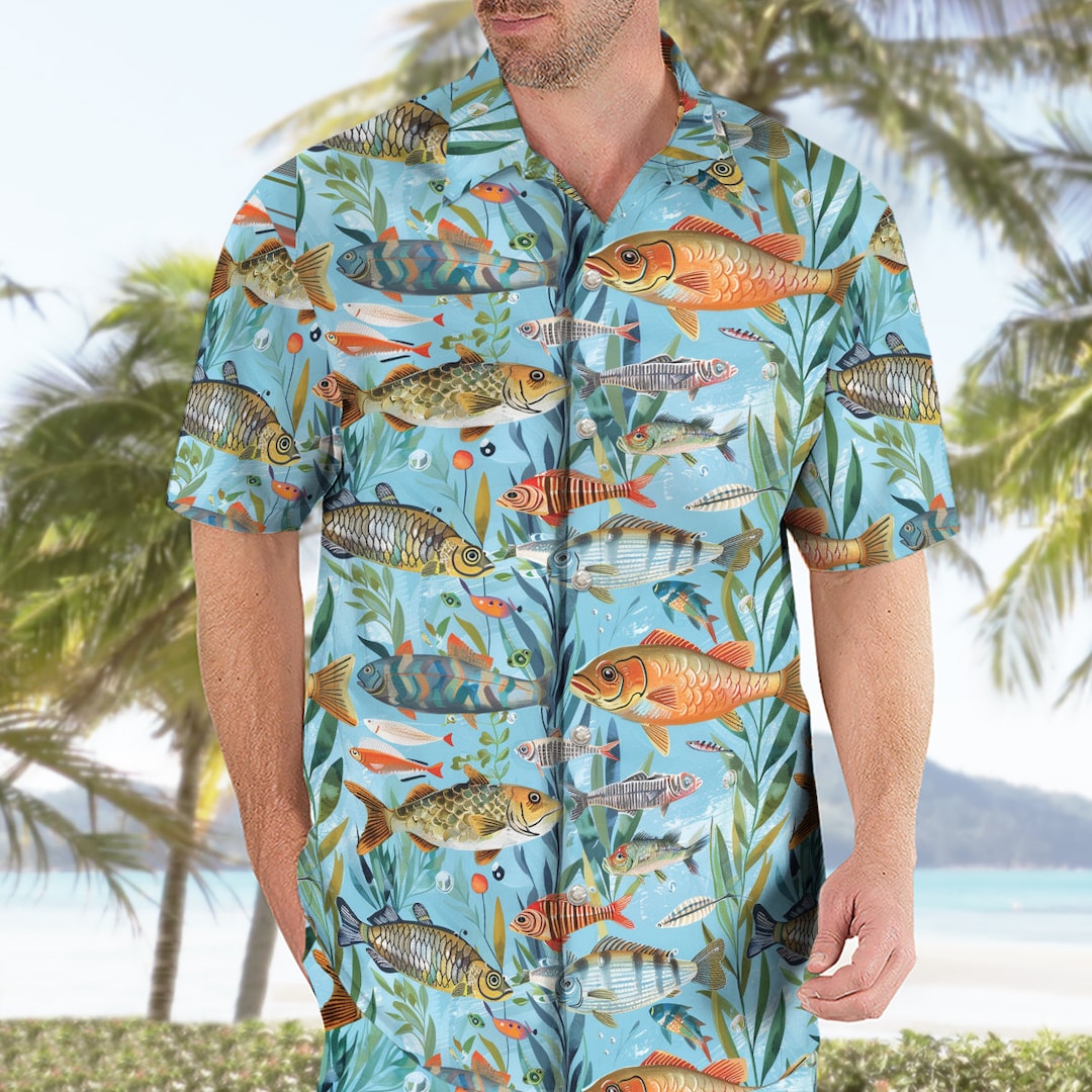 Fish Hawaiian Shirt, Pattern Fishing Hawaiian Shirt, Fishing Lover ...
