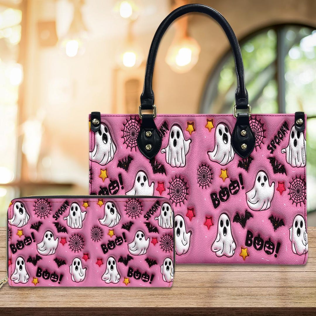 Spooky Boo Halloween Print 3d Effect Leather Handbag, Ghost Pumpkin ...