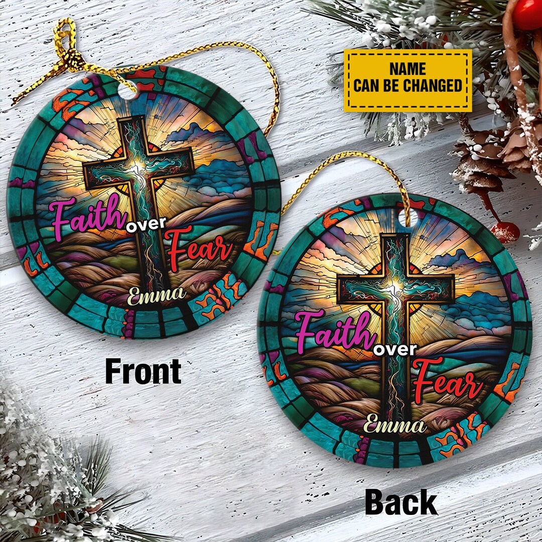 Faith Over Fear Cross Retro Circle Ceramic Ornament, Gift for Jesus ...