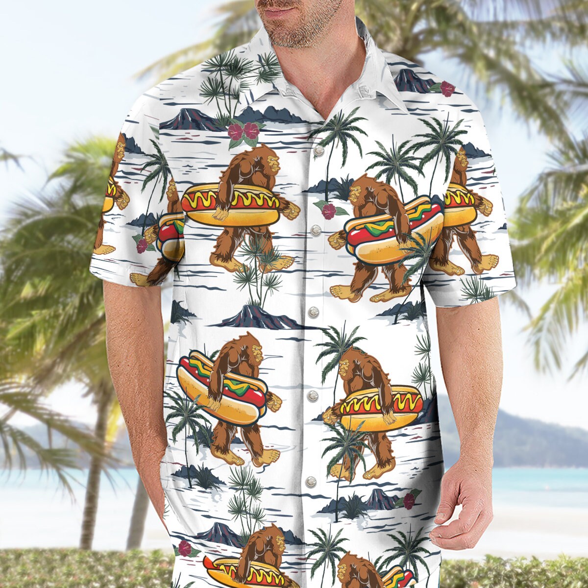 Bigfoot Hot Dog Hawaiian Shirts for Men Women, Tropical Summer Aloha ...