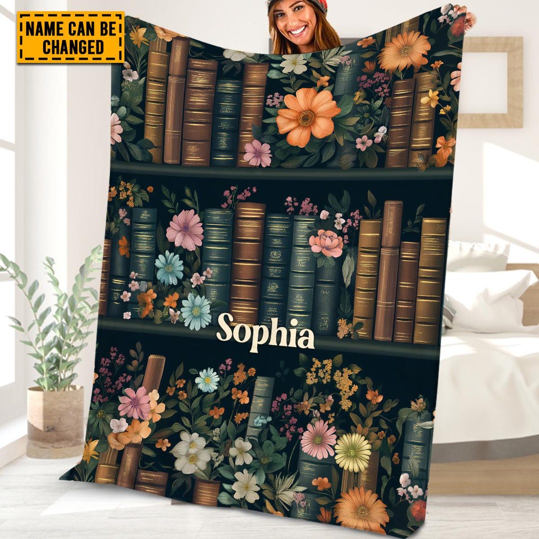 Personalized Bookshelf Blanket, Custom Name Blanket, Book Floral ...