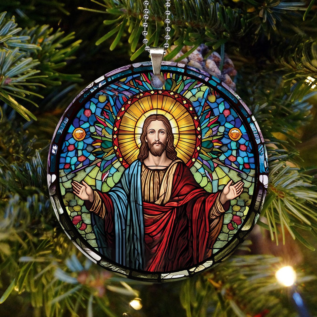 Jesus Portrait Art Stained Glass Art Design Circle Ceramic Ornament ...