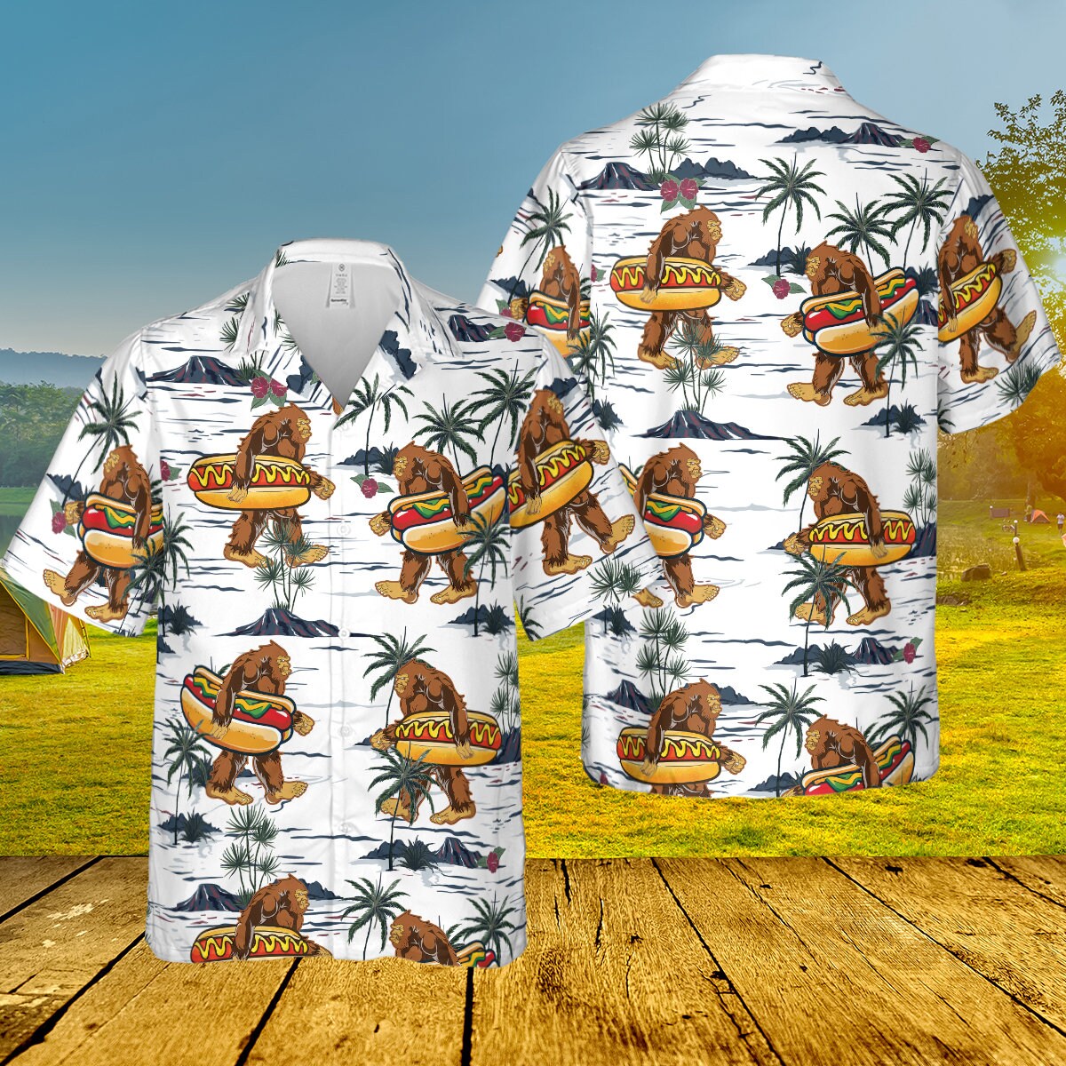 Bigfoot Hot Dog Hawaiian Shirts for Men Women, Tropical Summer Aloha ...
