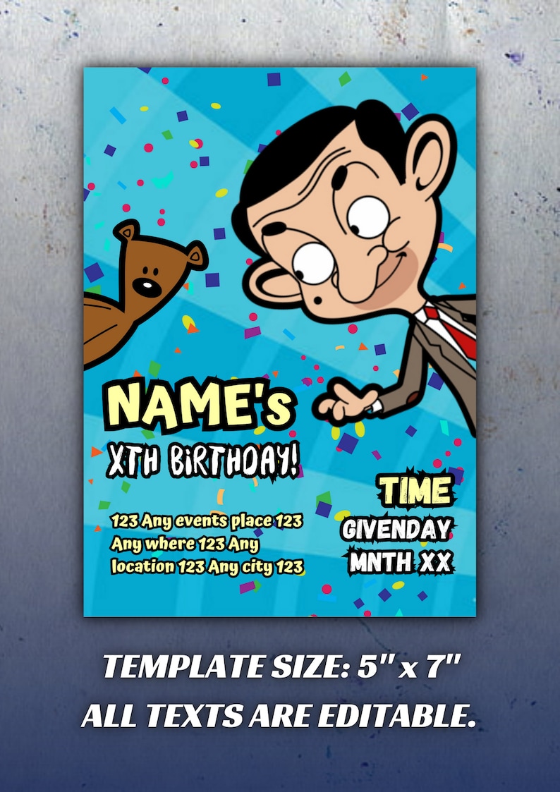 Mr Bean Themed Birthday Invitation Template Kids Cartoon - Etsy