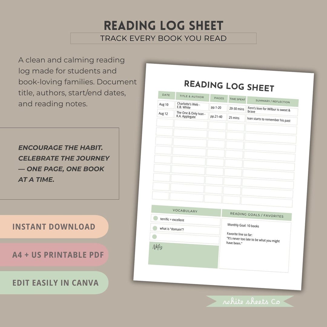 Reading Log Printable: Student Book Tracker, Homeschool Journal ...