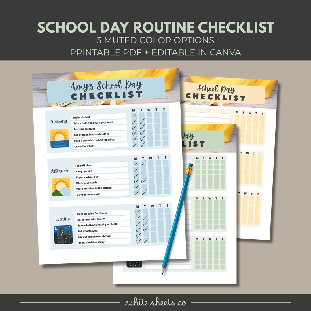Printable School Day Checklist: Kids Morning, Afternoon, Evening ...
