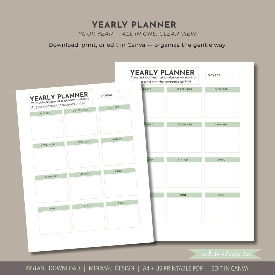 Undated Student Planner: August Start, Printable 12-month Grid (PDF ...
