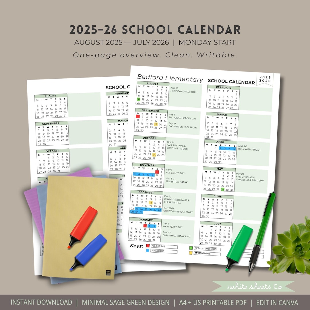 2025-2026 School Calendar: One-page Academic Planner (printable PDF ...