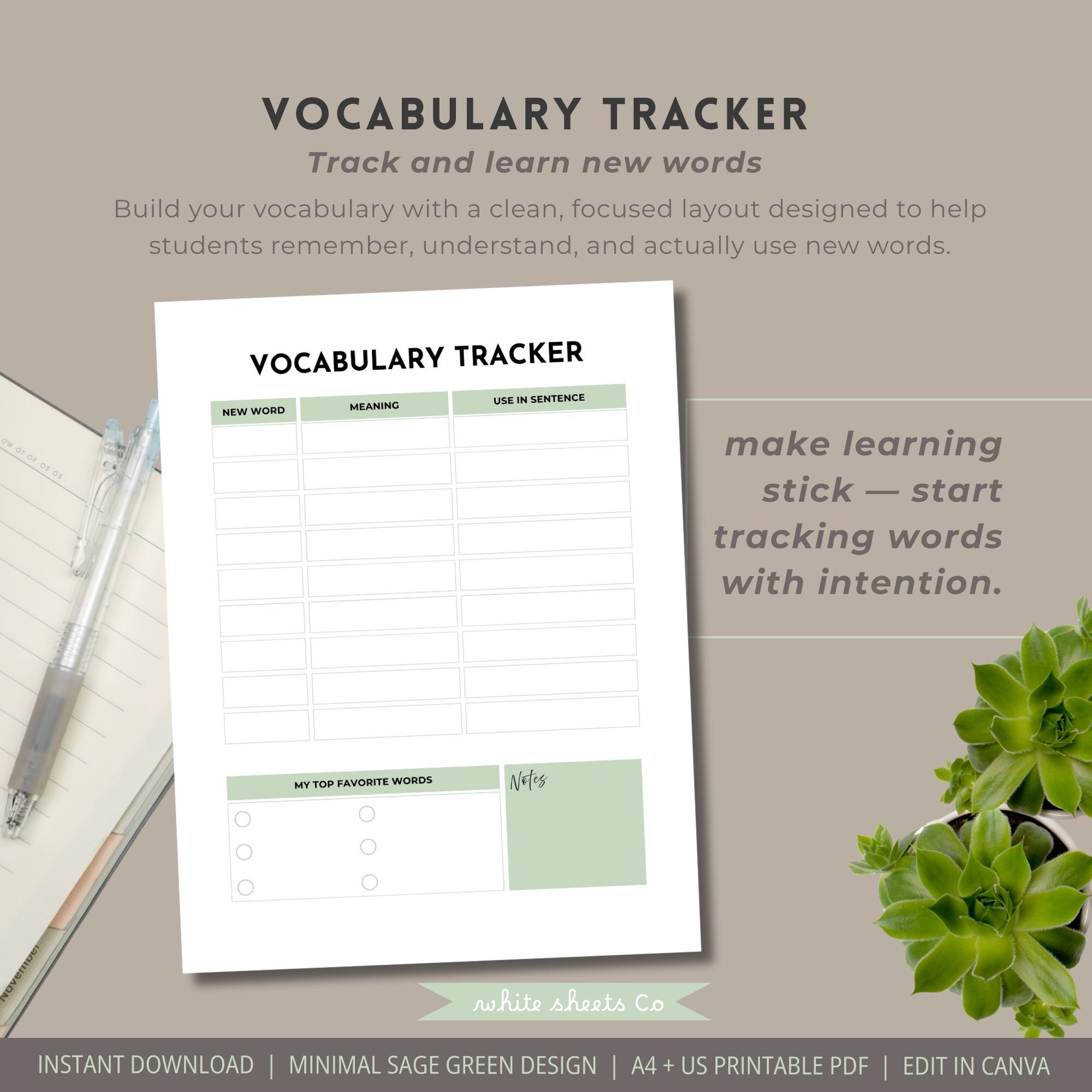 Printable Vocabulary Tracker: Student Word Log Sheet (PDF & Canva ...