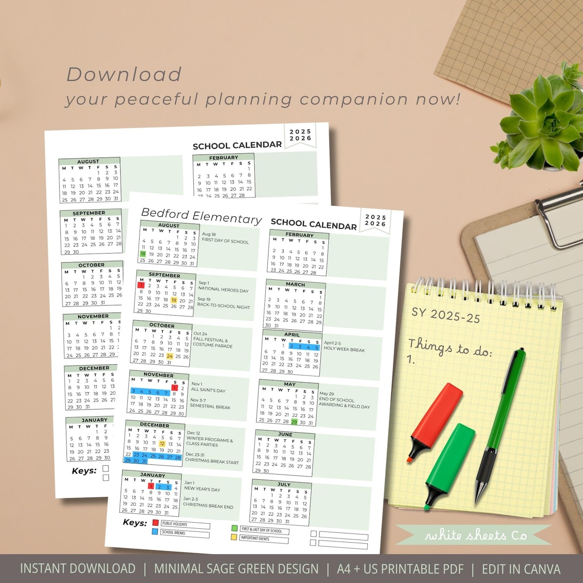 2025-2026 School Calendar: One-page Academic Planner (printable PDF ...