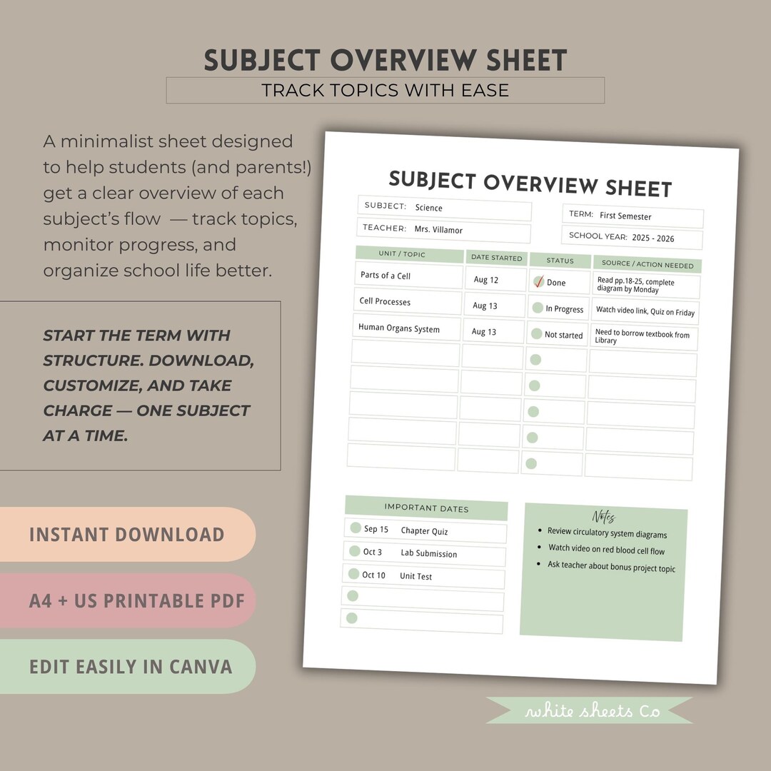 Subject Overview Sheet: Student Study Planner, Homeschool Printable ...