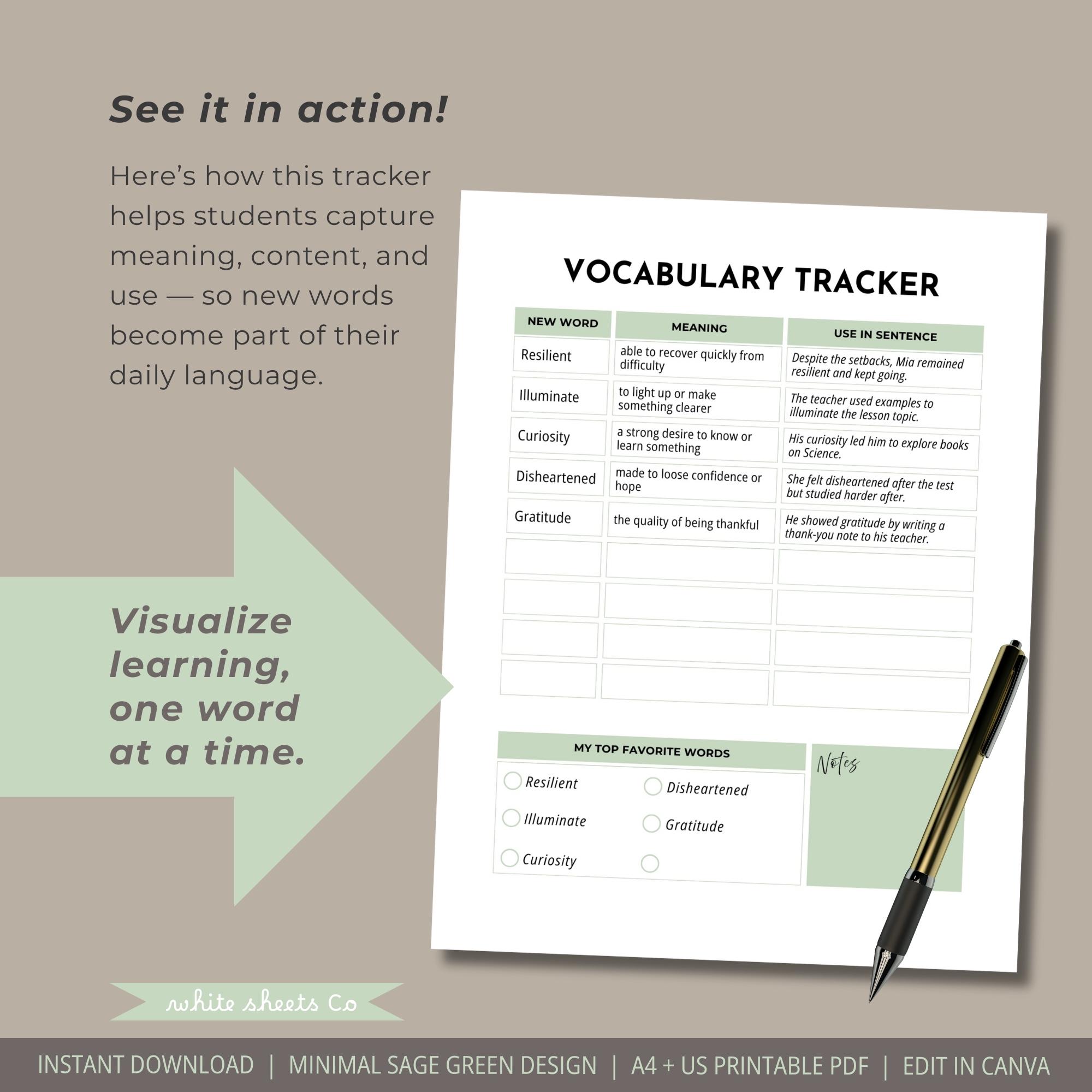 Printable Vocabulary Tracker: Student Word Log Sheet (PDF & Canva ...