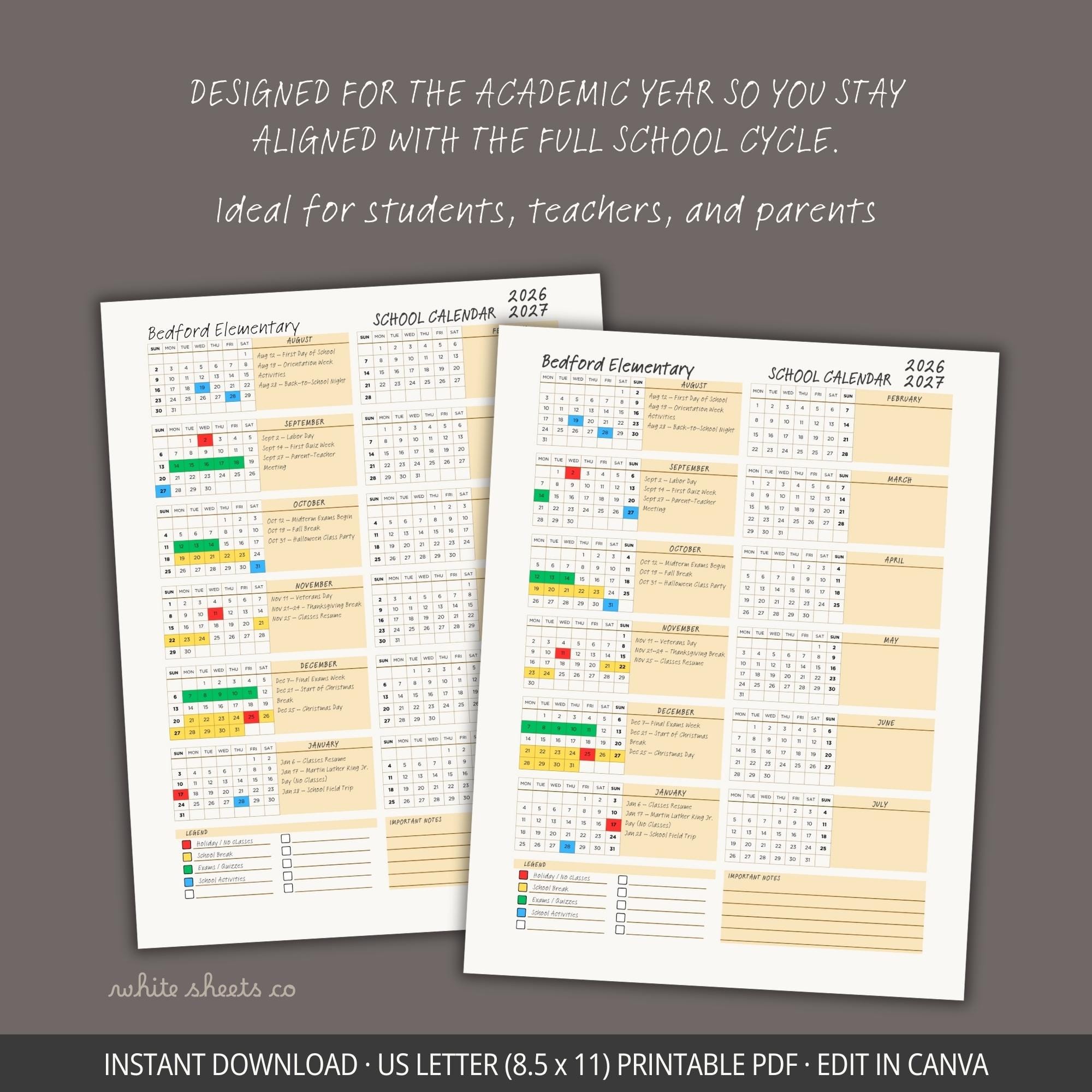 2026–2027 School Calendar Set | Printable + Canva Template - Etsy
