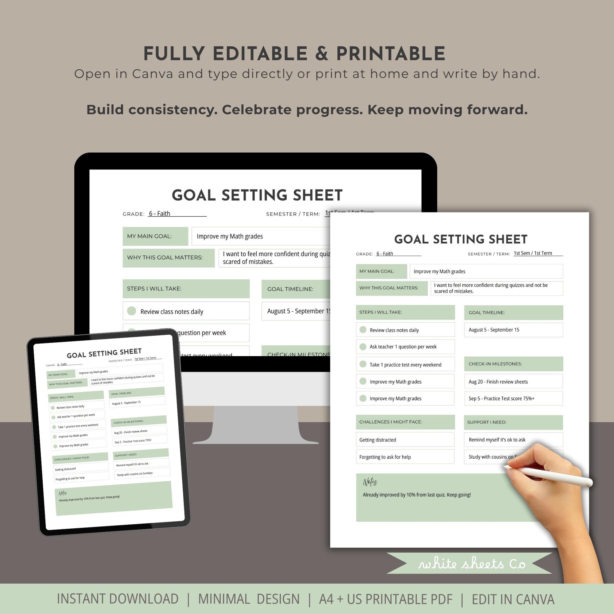 Student Goal Setting Sheet: Academic Planner, Canva Editable PDF - Etsy