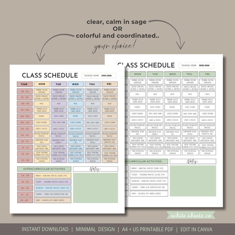 Weekly Class Schedule Template: Student Planner, Sage Green Organizer ...