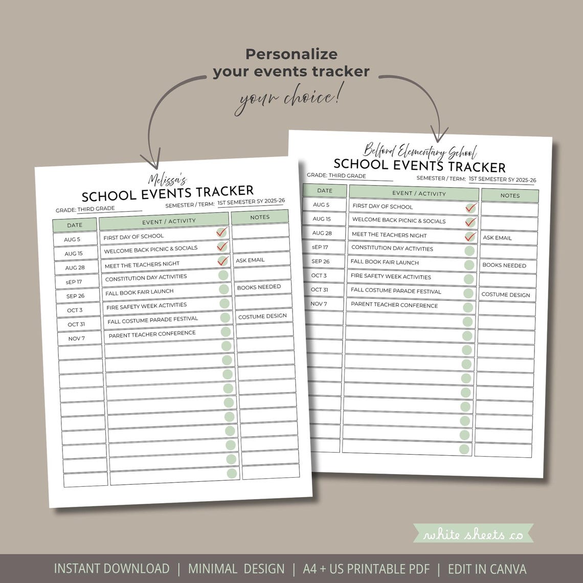 School Events Tracker: Printable Checklist, Editable in Canva (PDF) - Etsy