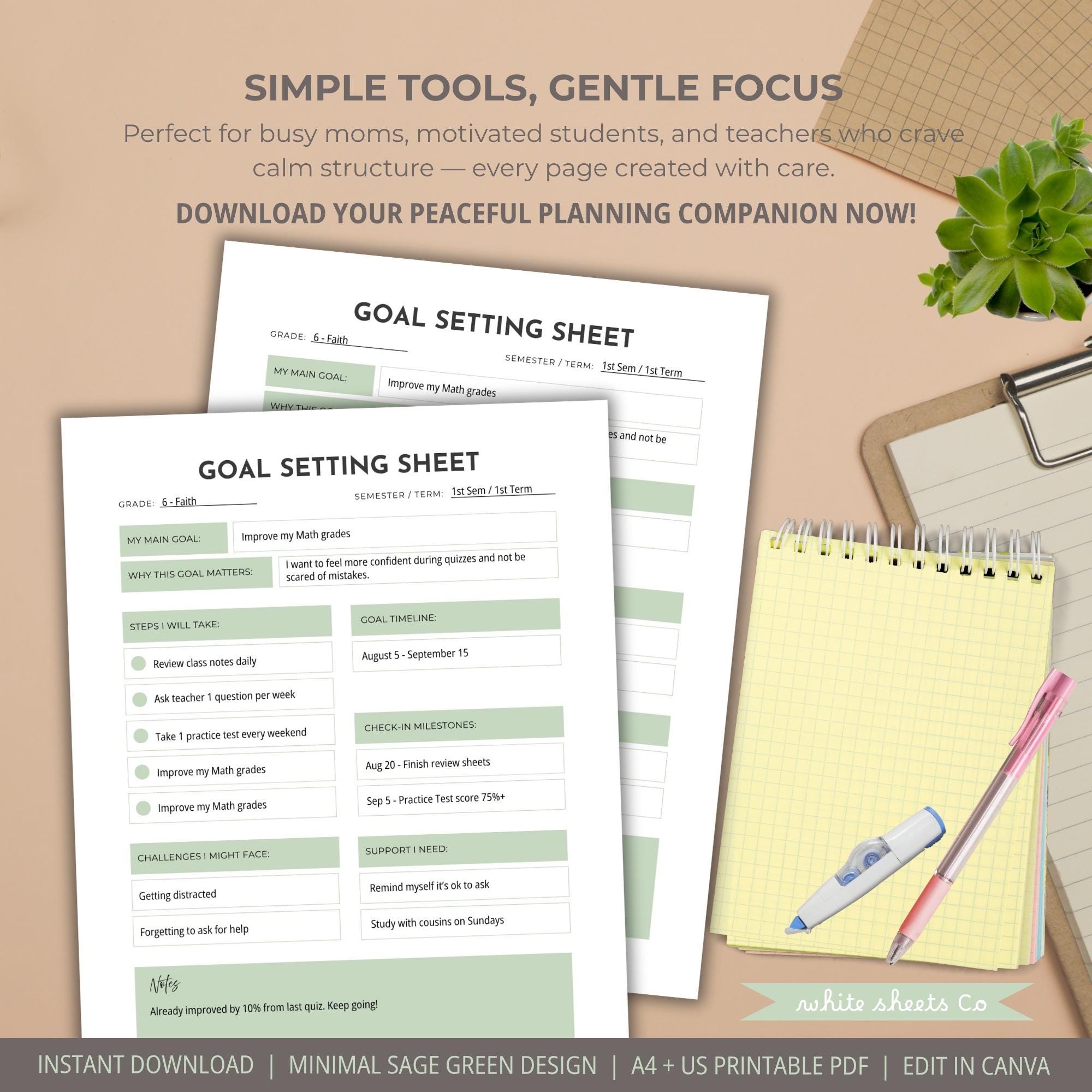 Student Goal Setting Sheet: Academic Planner, Canva Editable PDF - Etsy