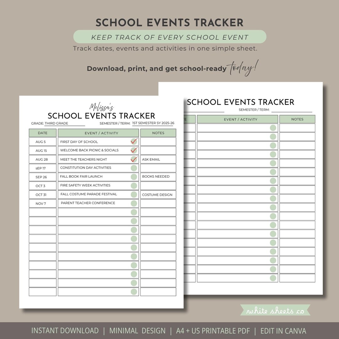 School Events Tracker: Printable Checklist, Editable in Canva (PDF) - Etsy