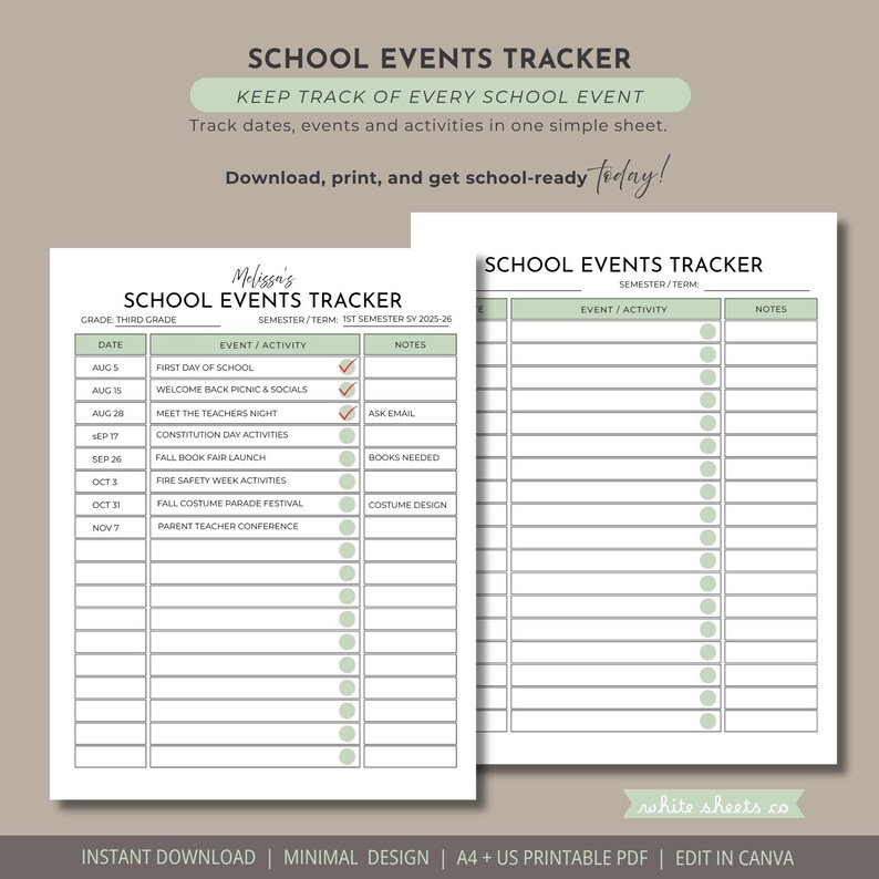 School Events Tracker: Printable Checklist, Editable in Canva (PDF) - Etsy