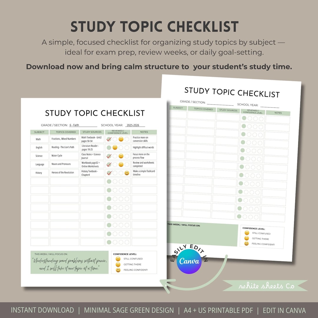 Study Topic Checklist, Student Study Planner, Subject Review Sheet ...