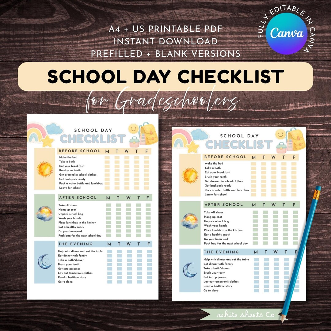Printable First Day of School Checklist, Back to School Morning Routine ...