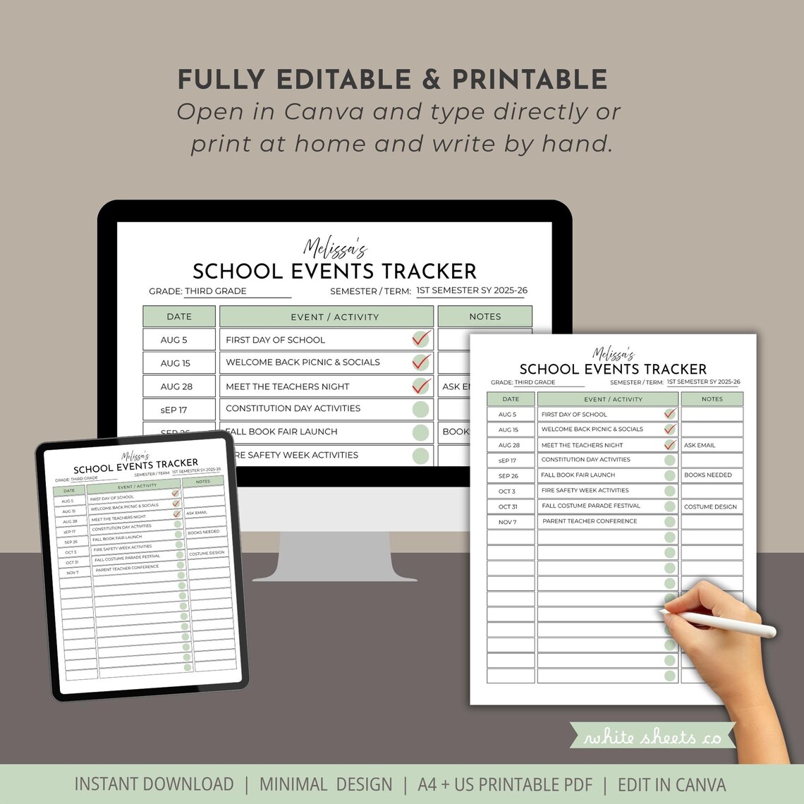 School Events Tracker: Printable Checklist, Editable in Canva (PDF) - Etsy