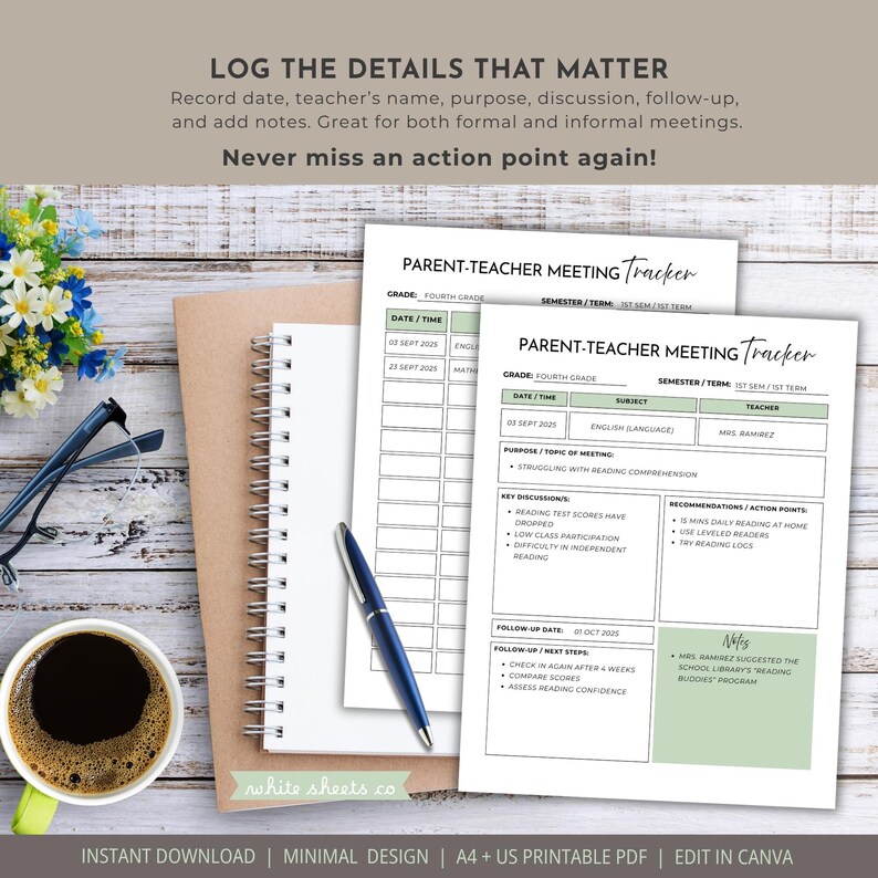 Parent Teacher Meeting Tracker Printable: School Communication Log ...