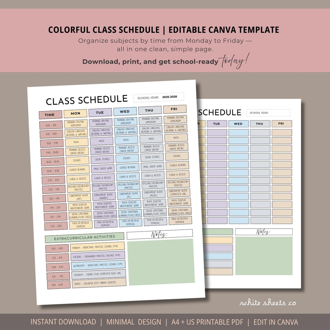 Class Schedule Template Printable | Weekly Student Planner PDF | School ...