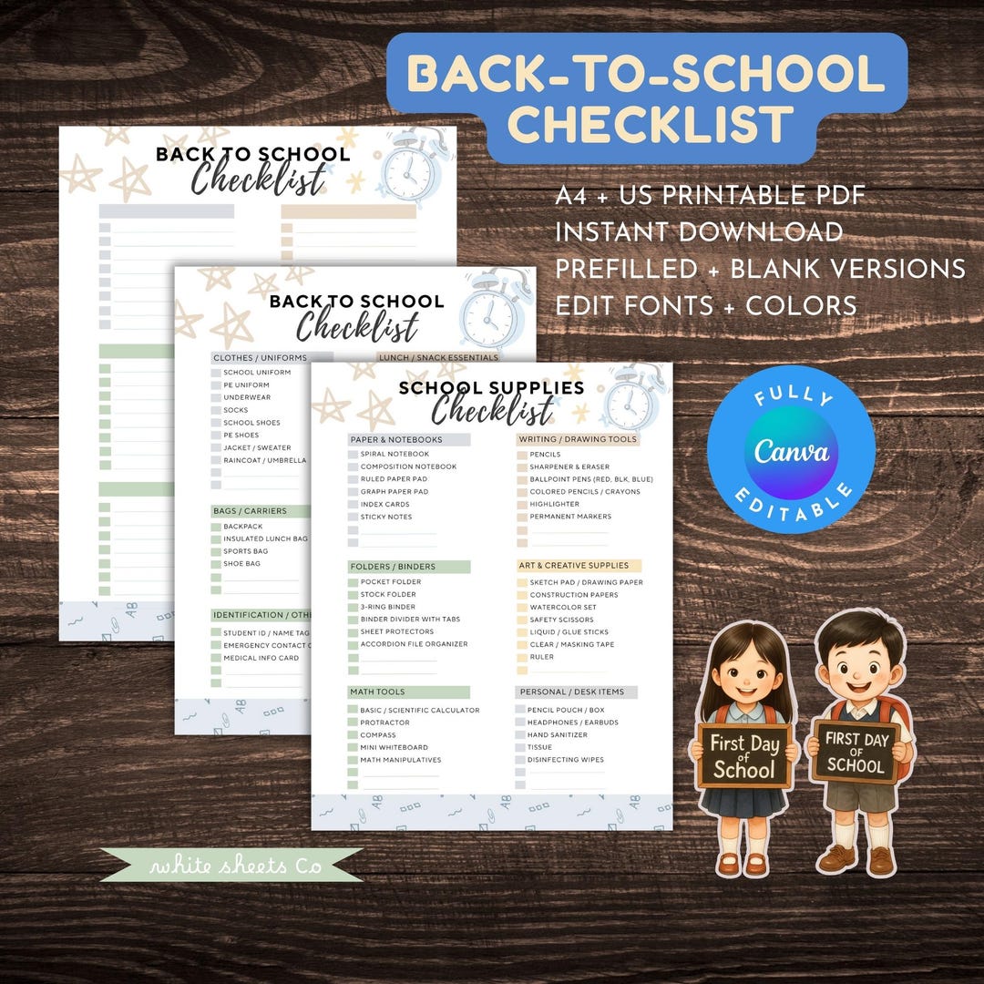 Back to School Checklist for Kids, Printable List of School Supplies ...