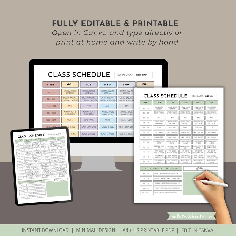 Weekly Class Schedule Template: Student Planner, Sage Green Organizer ...