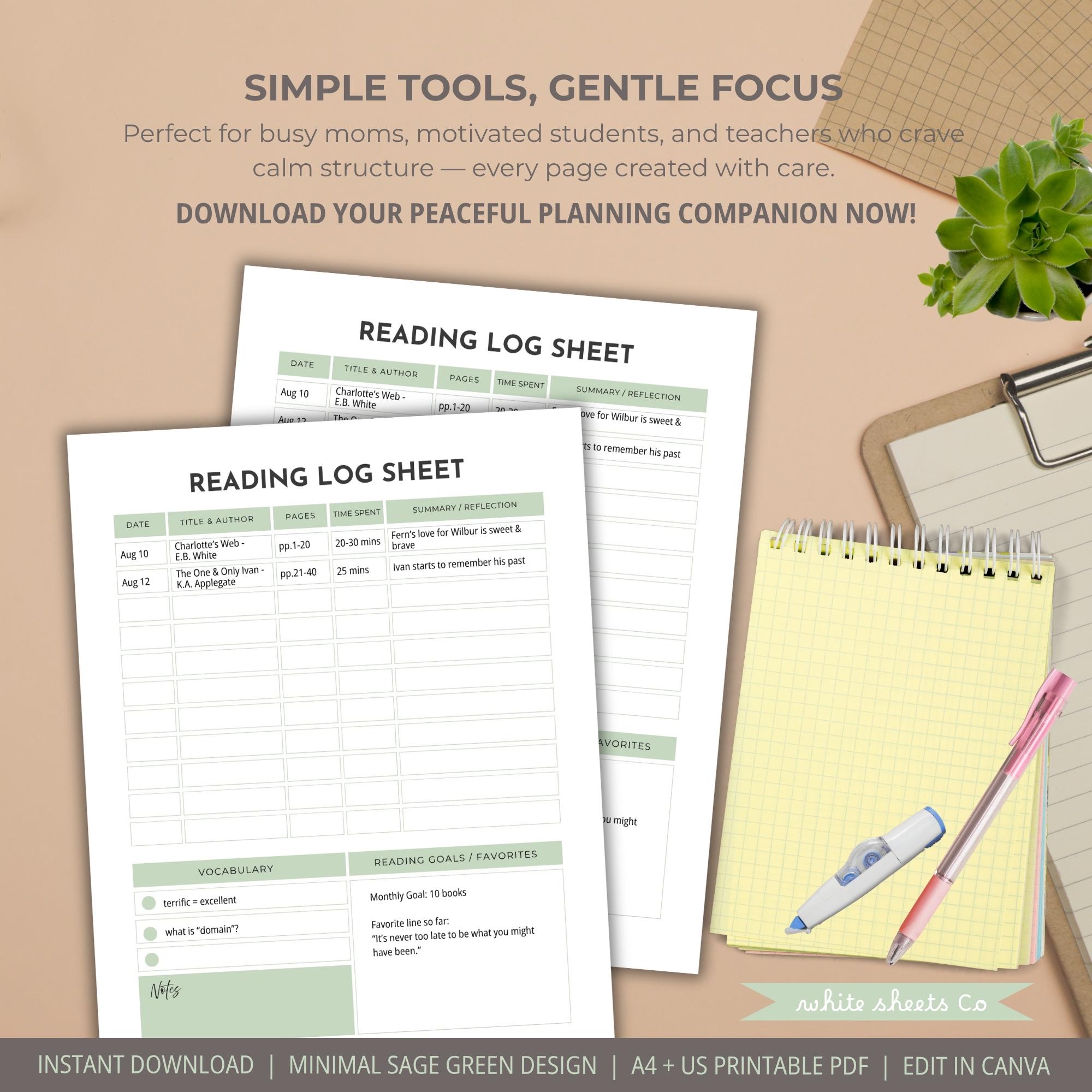 Reading Log Printable: Student Book Tracker, Homeschool Journal ...