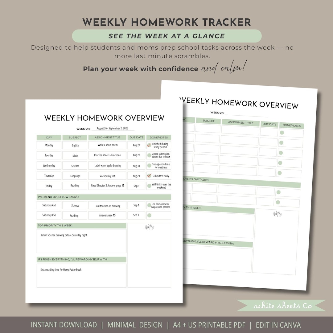 Weekly Student Homework Planner: Minimalist Schoolwork Tracker ...