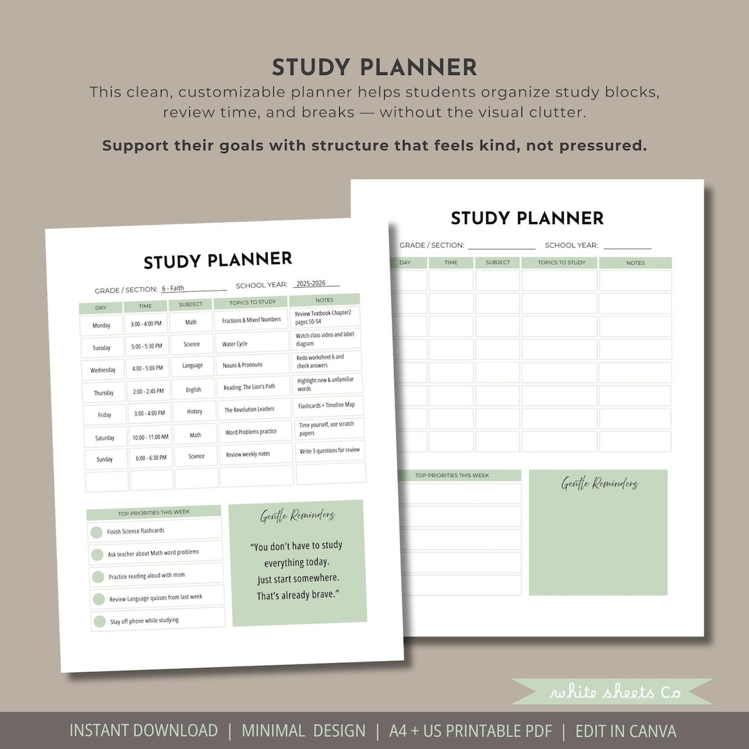 Study Planner Printable: Editable Student Schedule, Homework Organizer ...