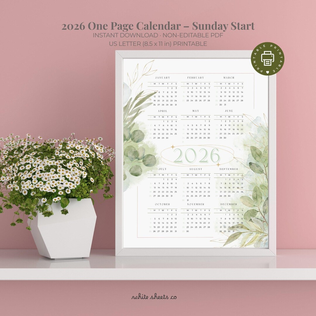 2026 One-page Calendar: Sage Green Foliage, Minimalist Design (digital ...