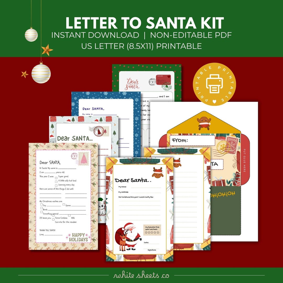 Letter to Santa Printable Kit: Christmas Stationery Set With Envelopes ...