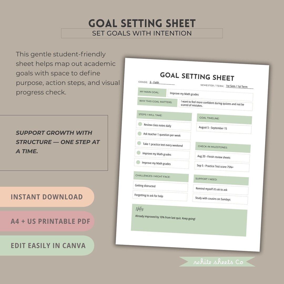 Student Goal Setting Sheet: Academic Planner, Canva Editable PDF - Etsy