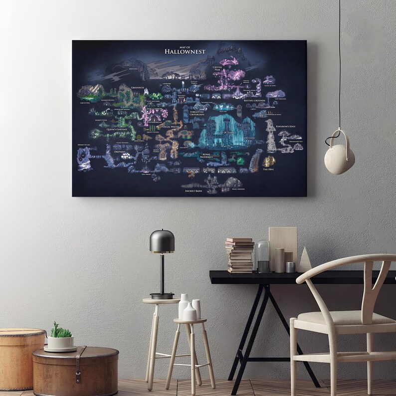 Map of Hallownest Framed Canvas, Hollow Knight Map Poster, Hallownest ...