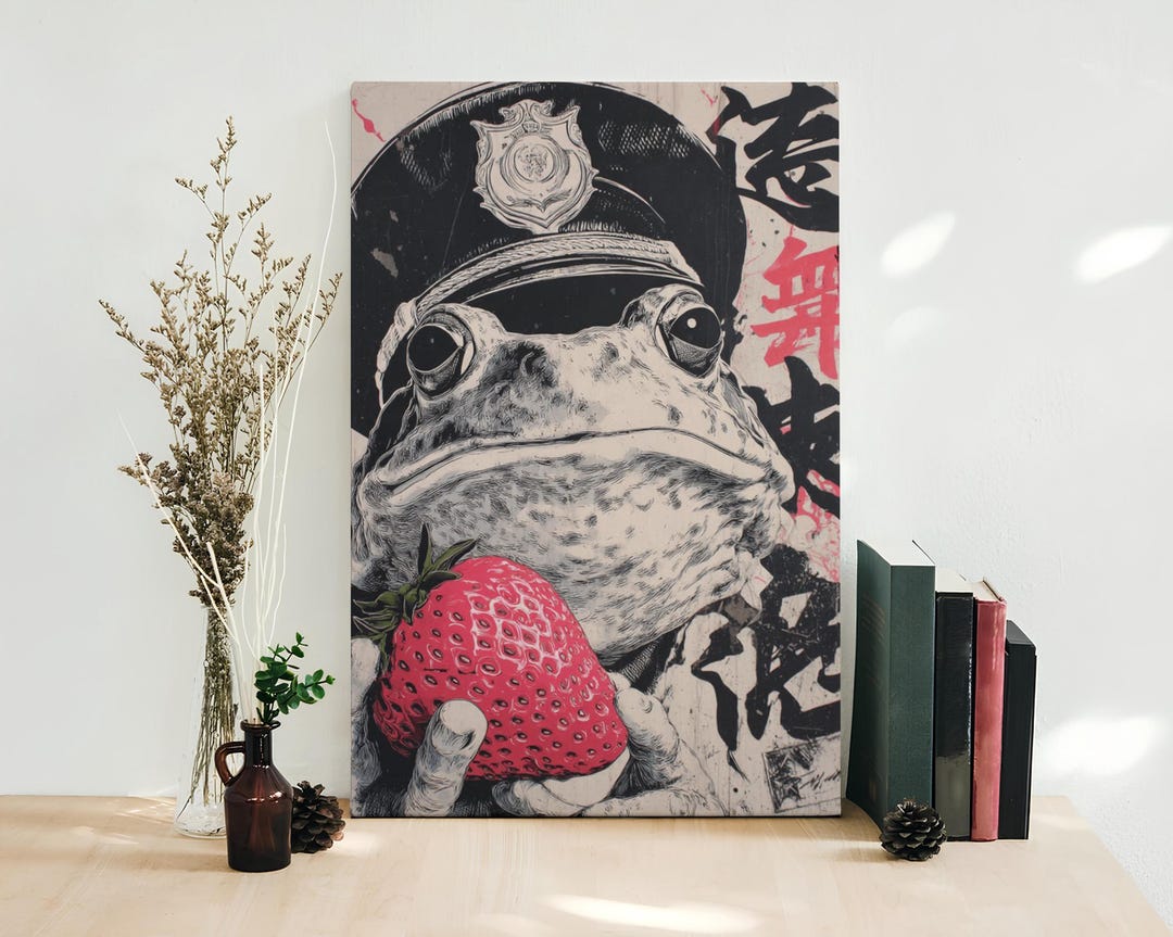 Strawberry Frog Cop Canvas, Funny Frog Wall Art, Pop Art Animal Poster ...