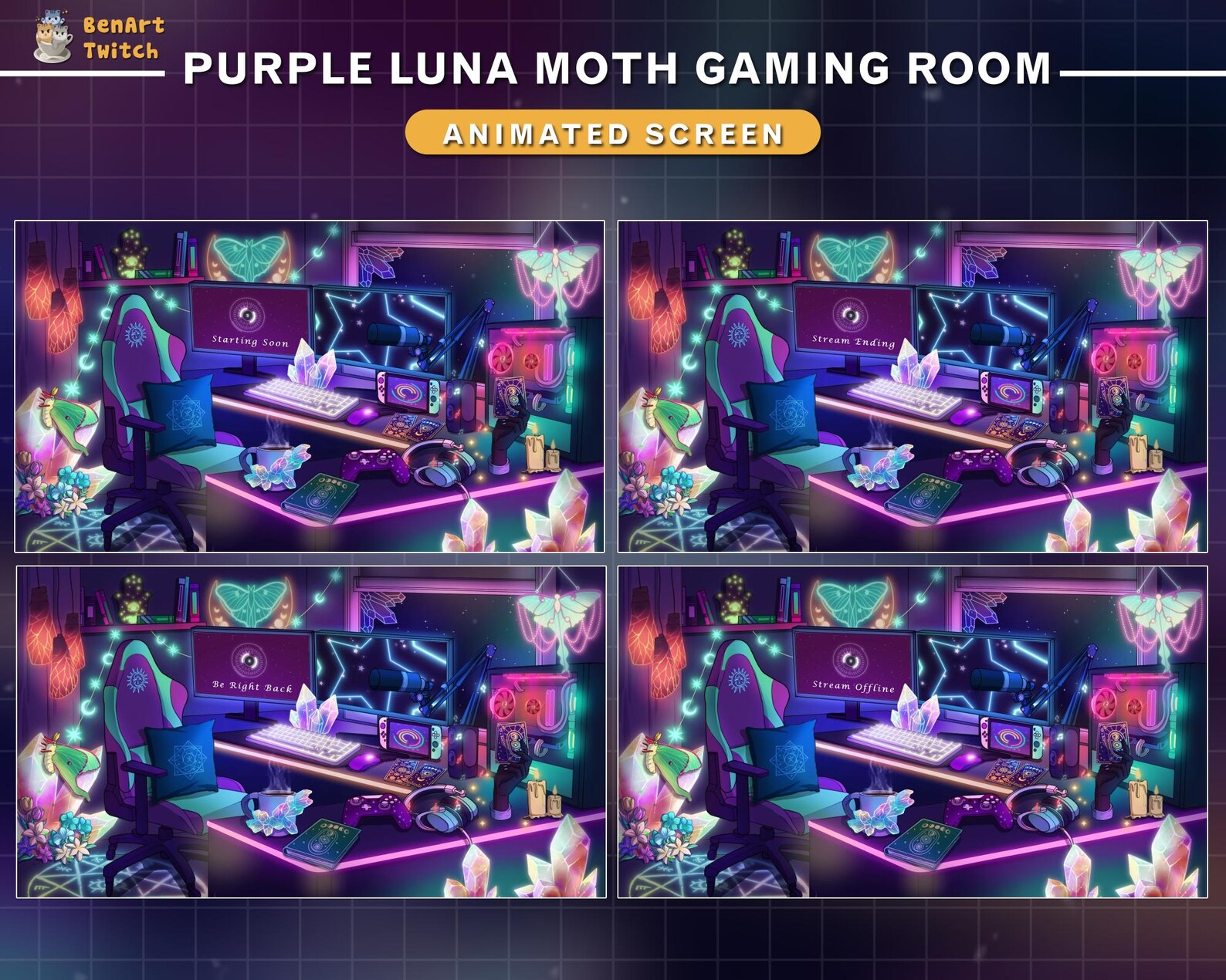 Animated Stream Screen Game Room Luna Moth, Goth Twitch Overlay With ...
