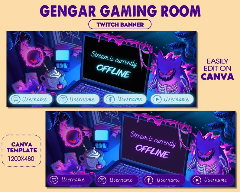 Halloween Gengar Lo-fi Desk Twitch Banner Template, Spooky Stream ...