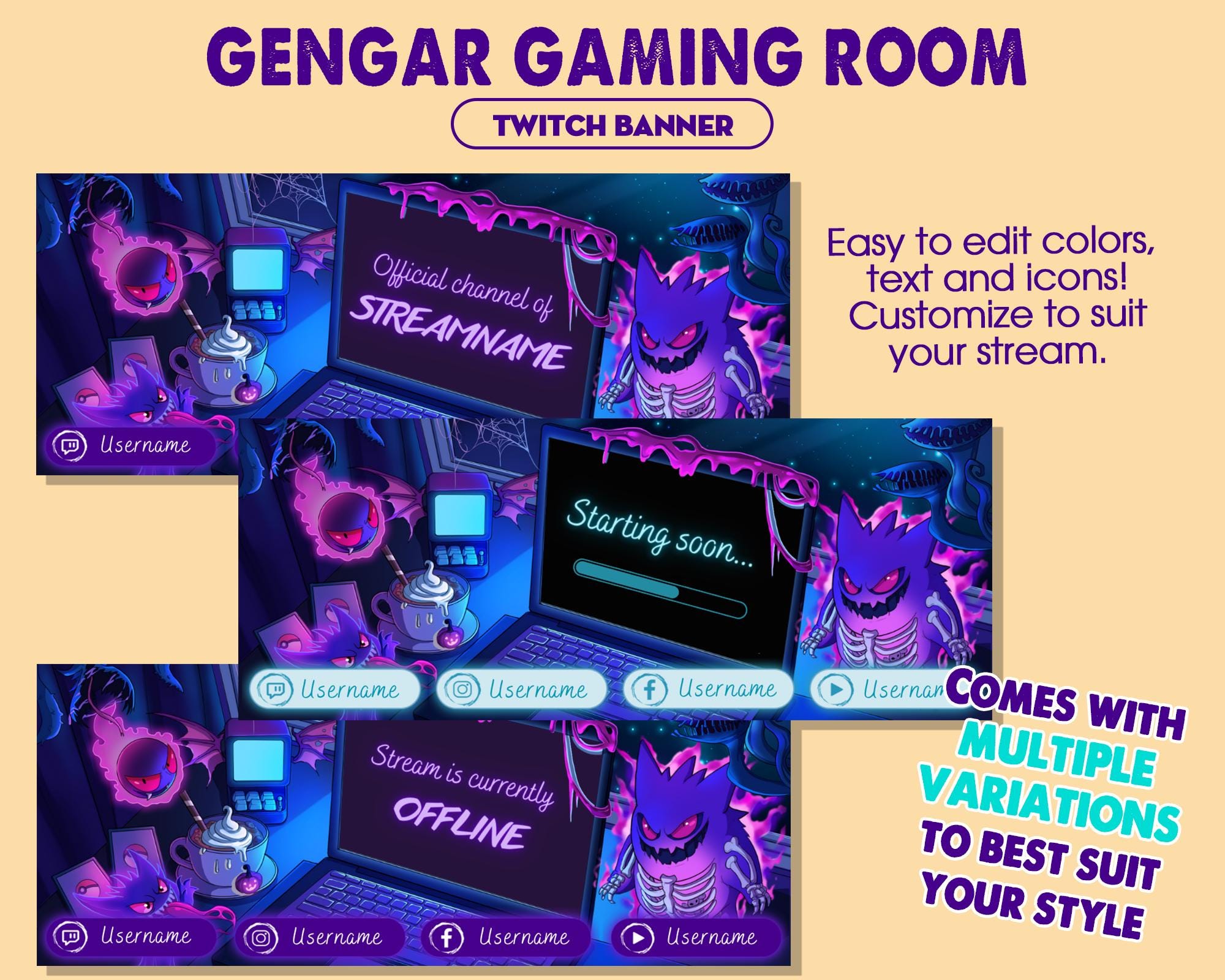 Halloween Gengar Lo-fi Desk Twitch Banner Template, Spooky Stream ...