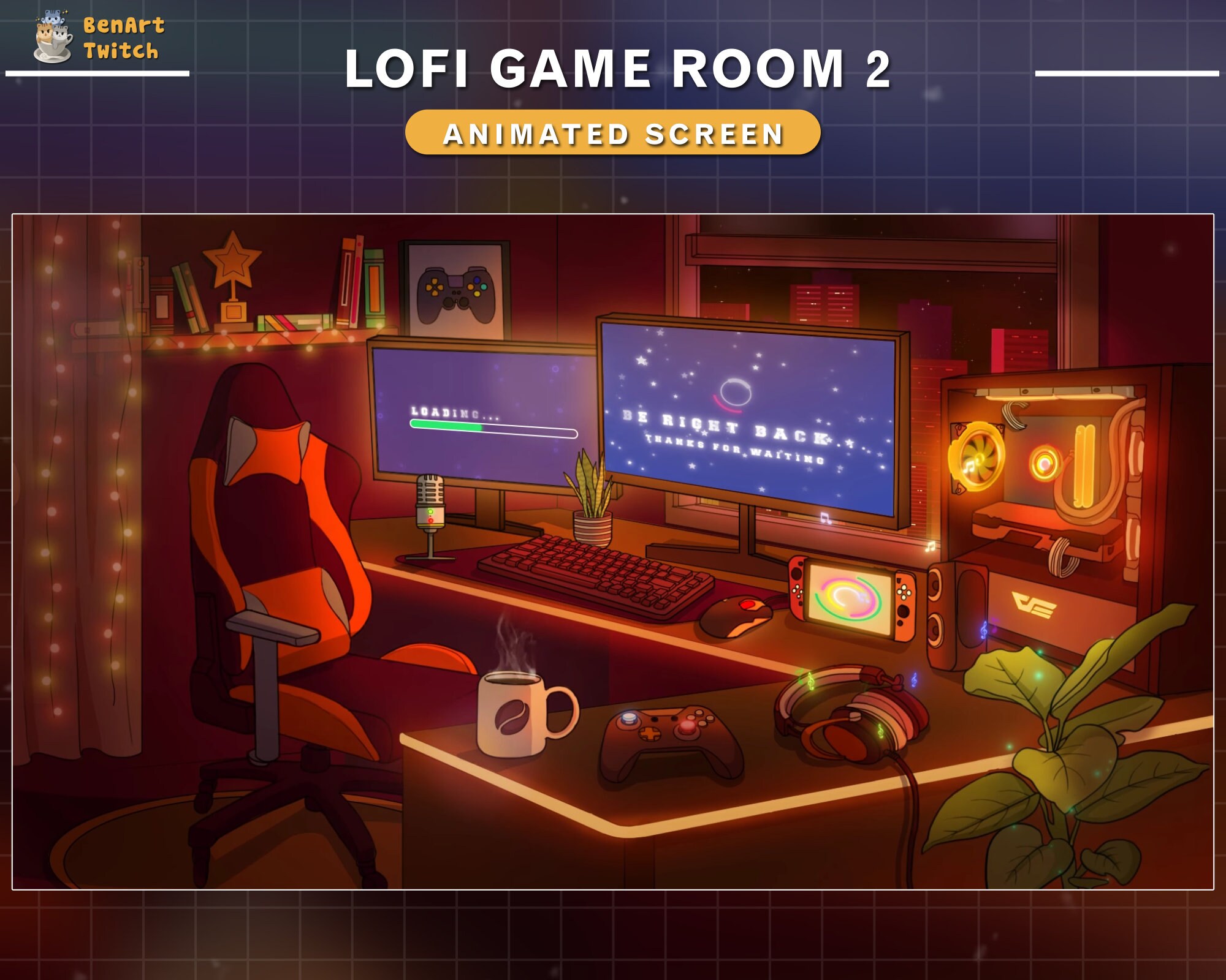 Animated Twitch Screens Orange PC Room, Lofi Game Room Stream Screens ...
